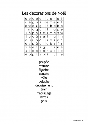 Mots mêlés de NOEL à imprimer. Les décorations de Noël.